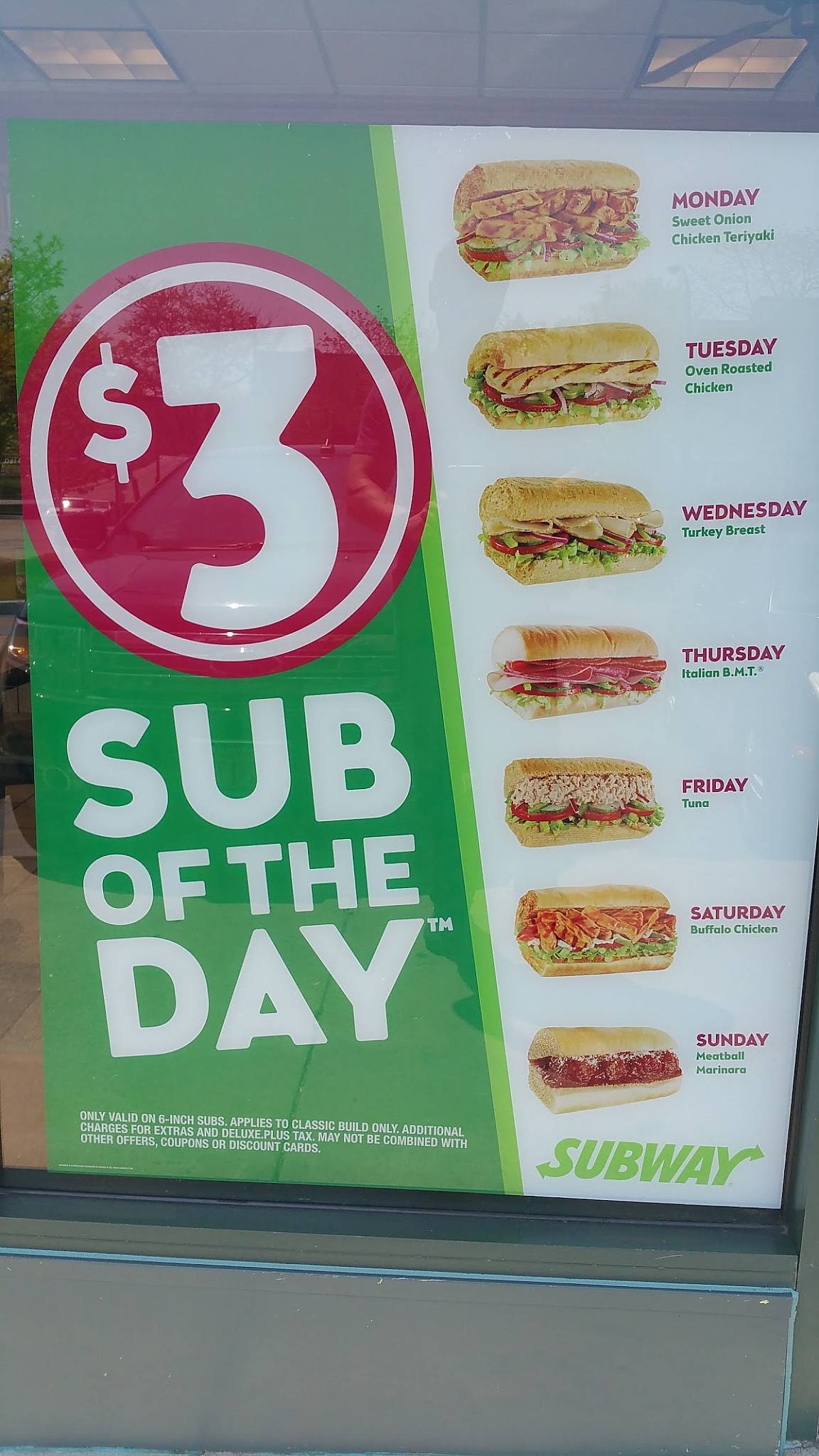 Menu at Subway fast food, Evanston, Emerson St
