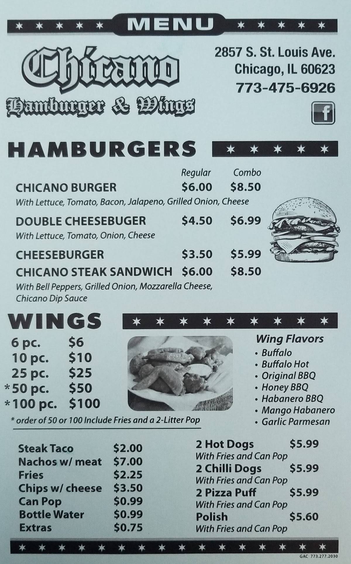 Menu at Chicano Hamburger and Wings restaurant, Chicago