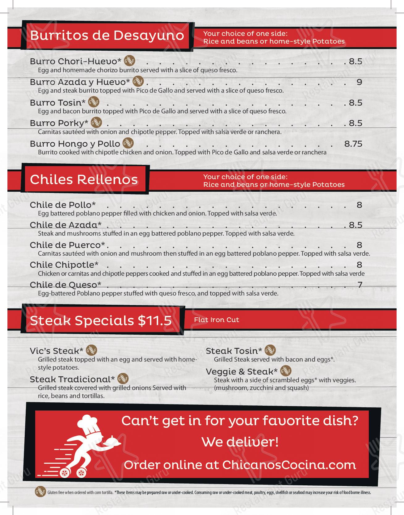 Carta de Chicano's Cocina Bar & Grill, Richmond