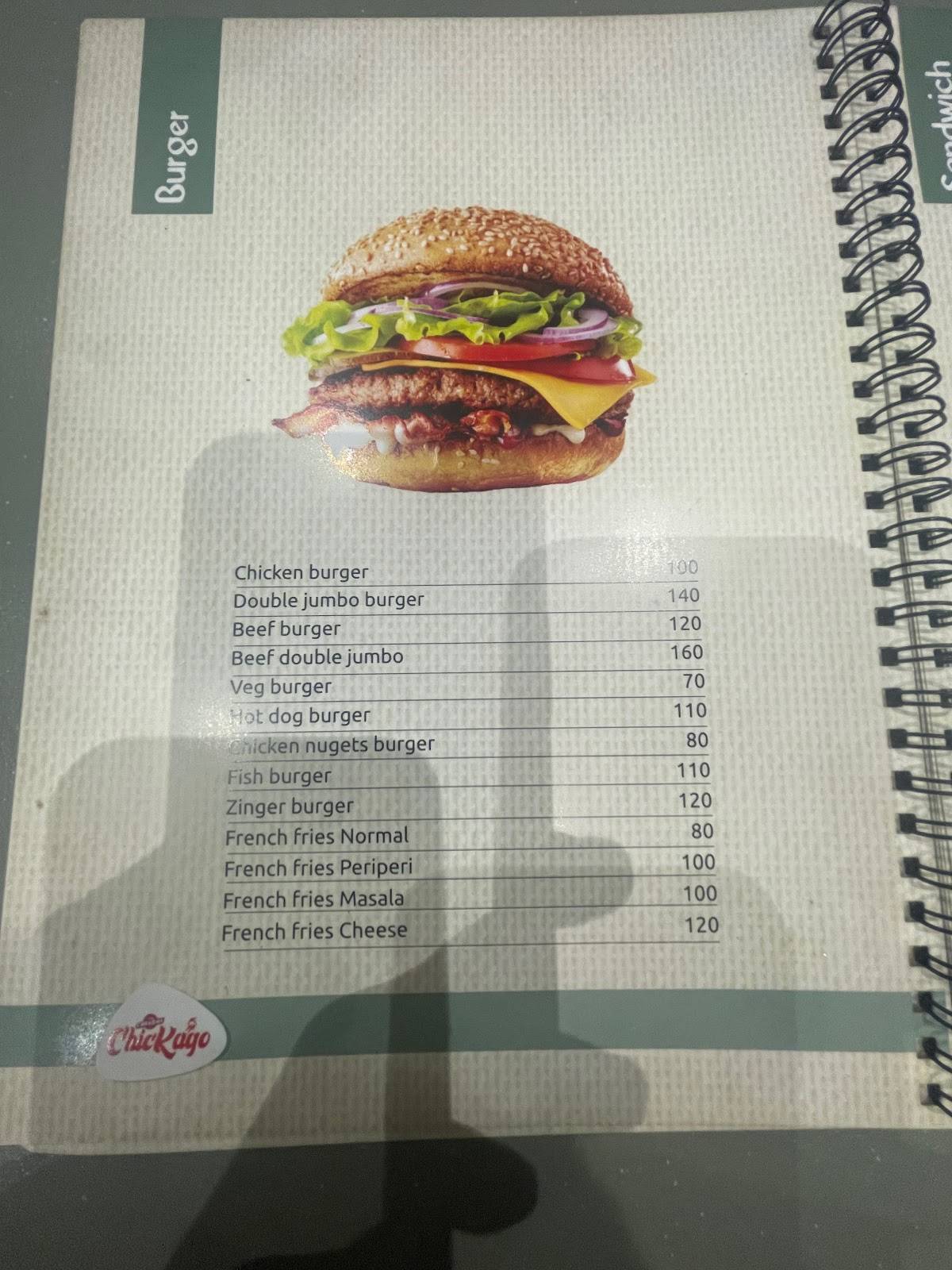 Menu at Chickago Arabic shwarma, Kottakkal