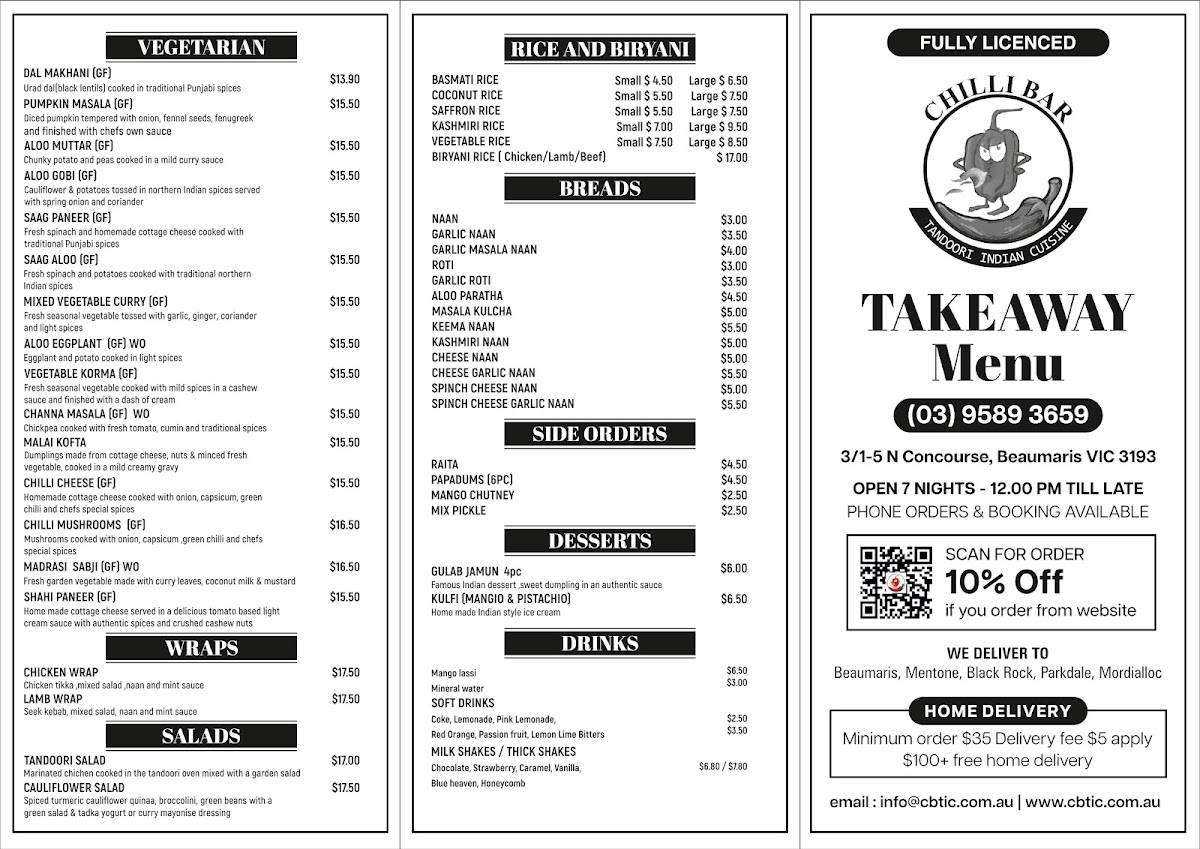 Menu at Chilli Bar Tandoori Indian Cuisine, Beaumaris