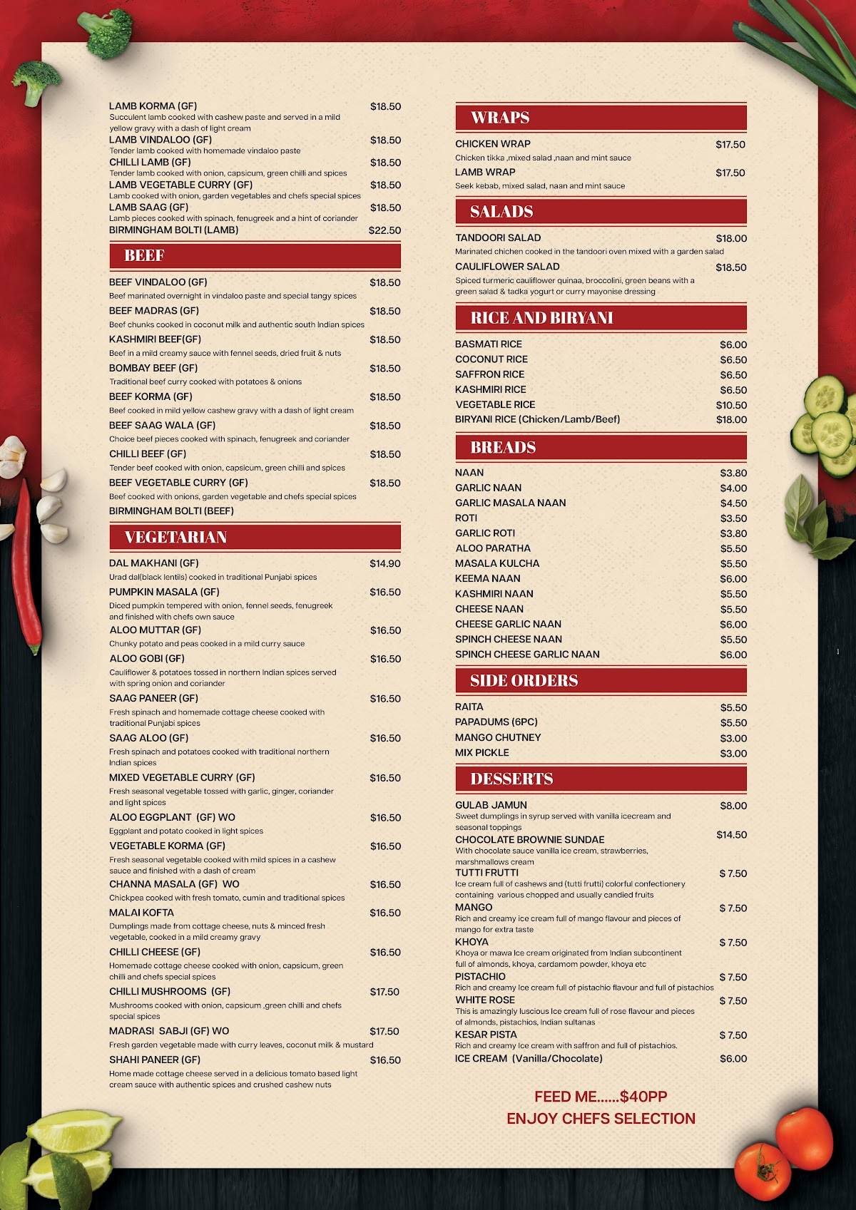 Menu at Chilli Bar Tandoori Indian Cuisine, Beaumaris