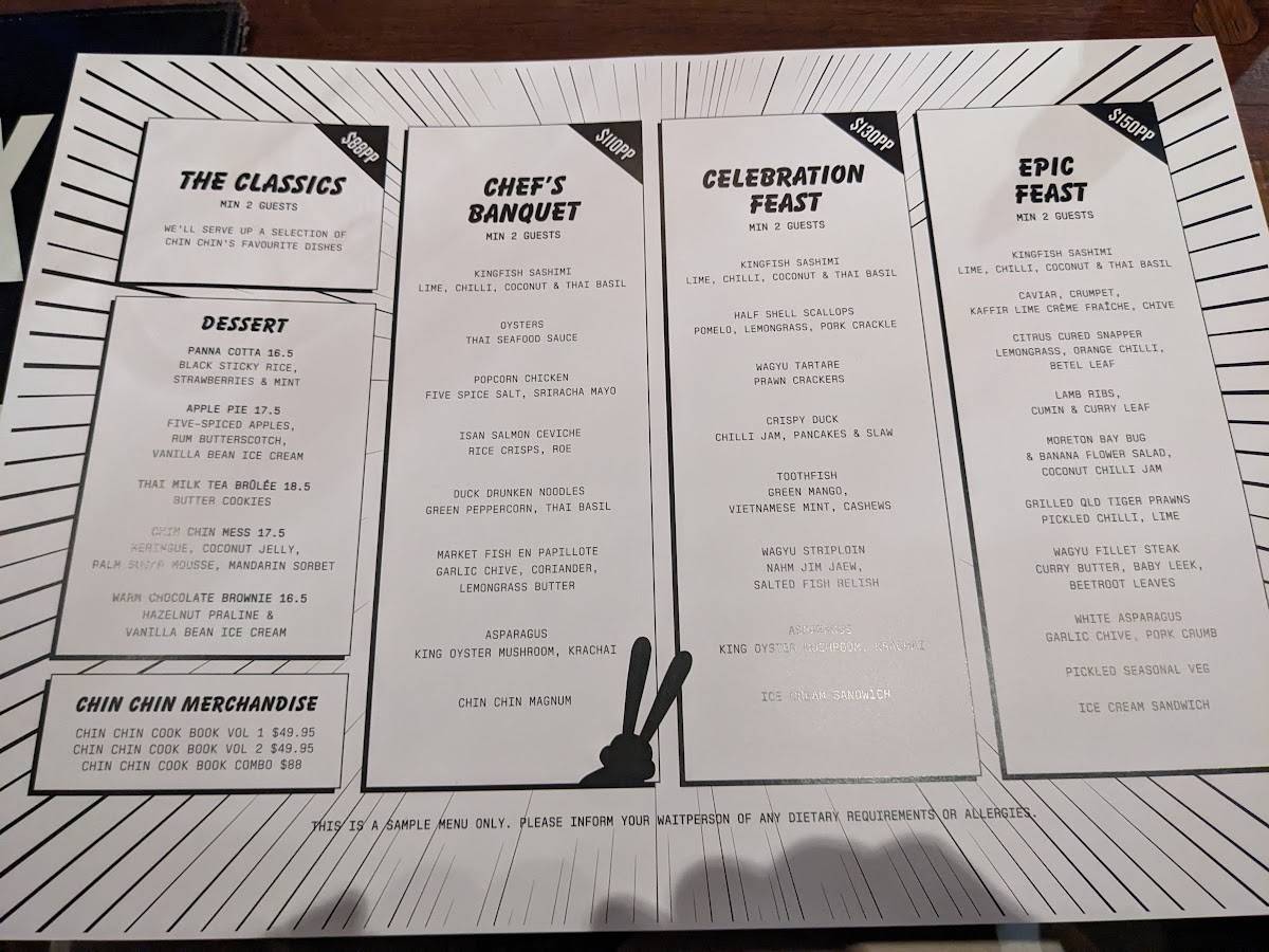 Menu at Chin Chin restaurant, Surry Hills