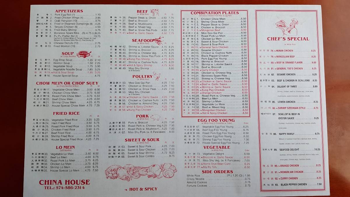 Menu at China House restaurant, Walkerton, 602 Roosevelt Rd B