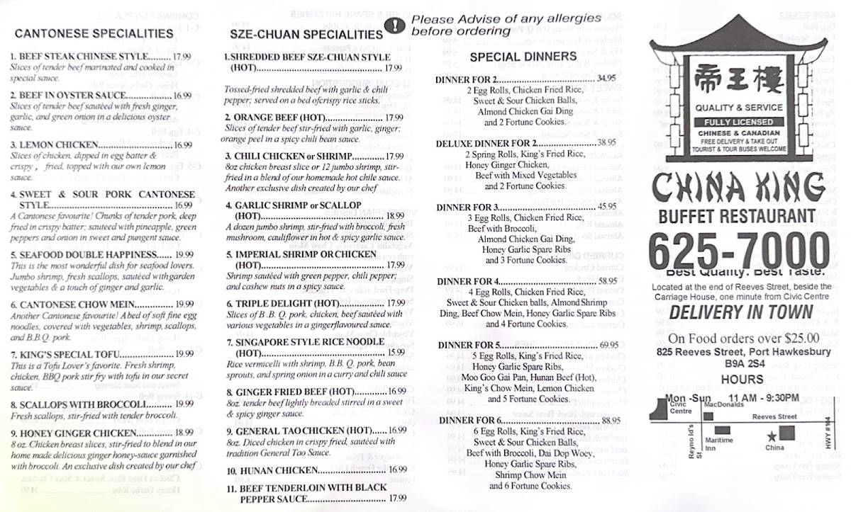 Menu au China King Buffet Restaurant, Port Hawkesbury