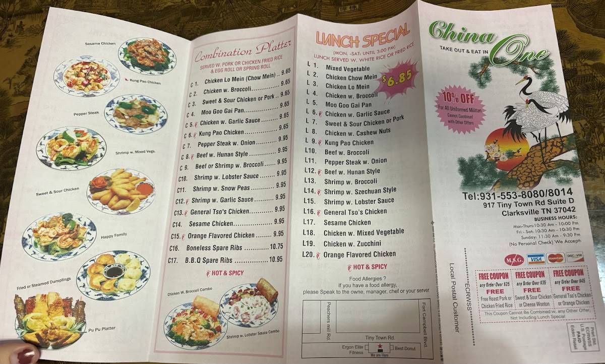 Menu at China One restaurant, Clarksville, 917 Tiny Town Rd Suite D