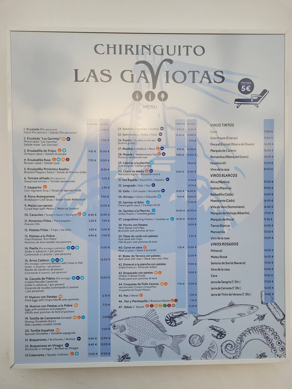 Menu at Chiringuito Las Gaviotas pub & bar, Manilva