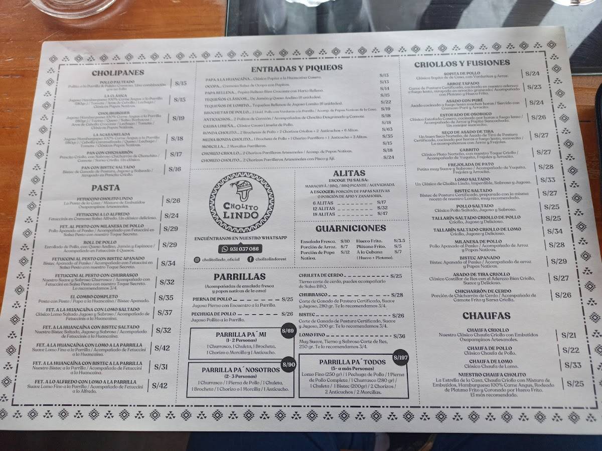 Carta del restaurante Cholito Lindo, Chimbote