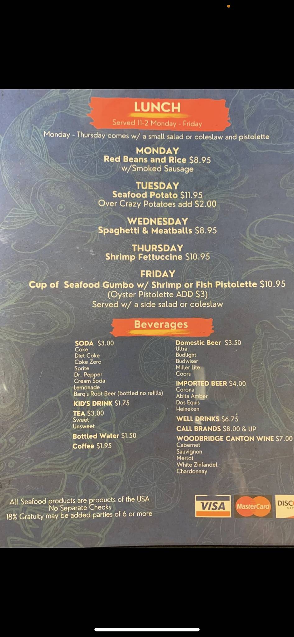 Menu at Chookies Seafood and Oyster Bar, Hammond, University Park Dr