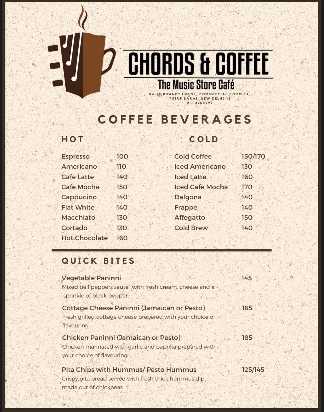 Menu at Chords and Coffee - The Music Store Café, New Delhi
