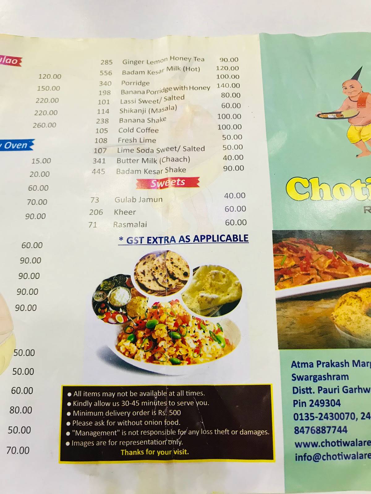 Menu at Chotiwala, Rishikesh, Swarg Ashram