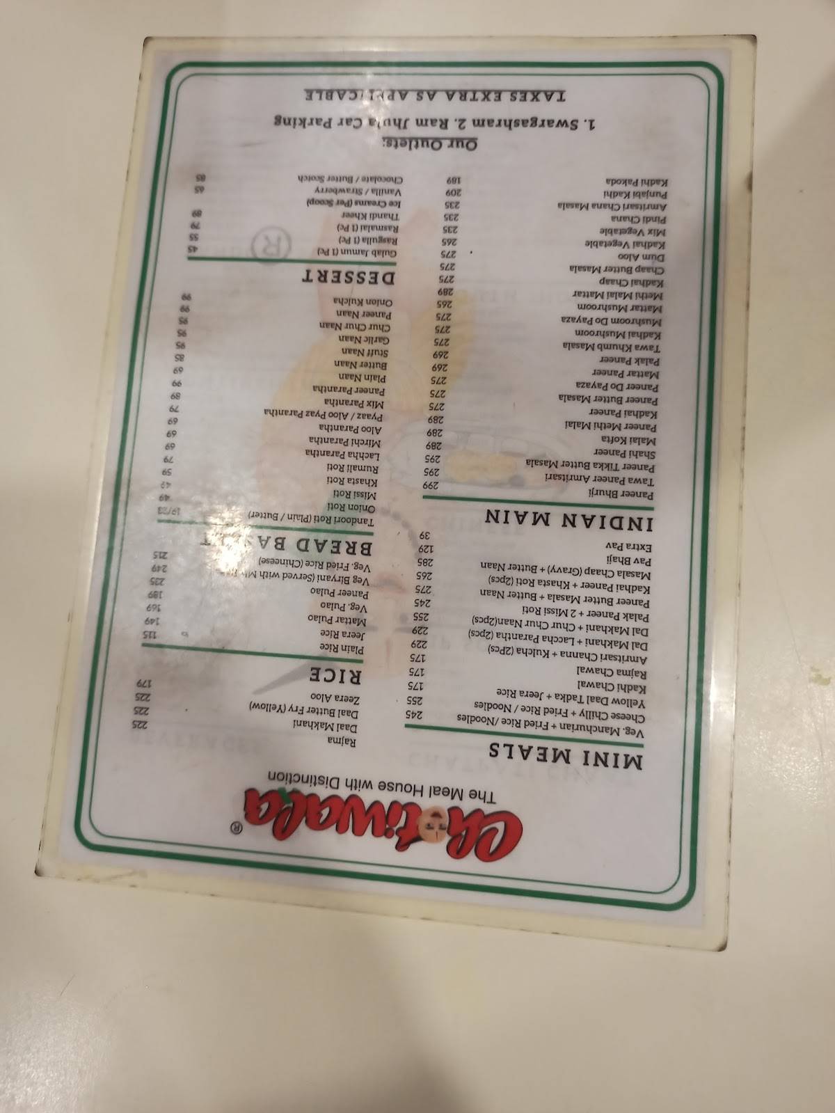 Menu at Chotiwala, Rishikesh, Swarg Ashram