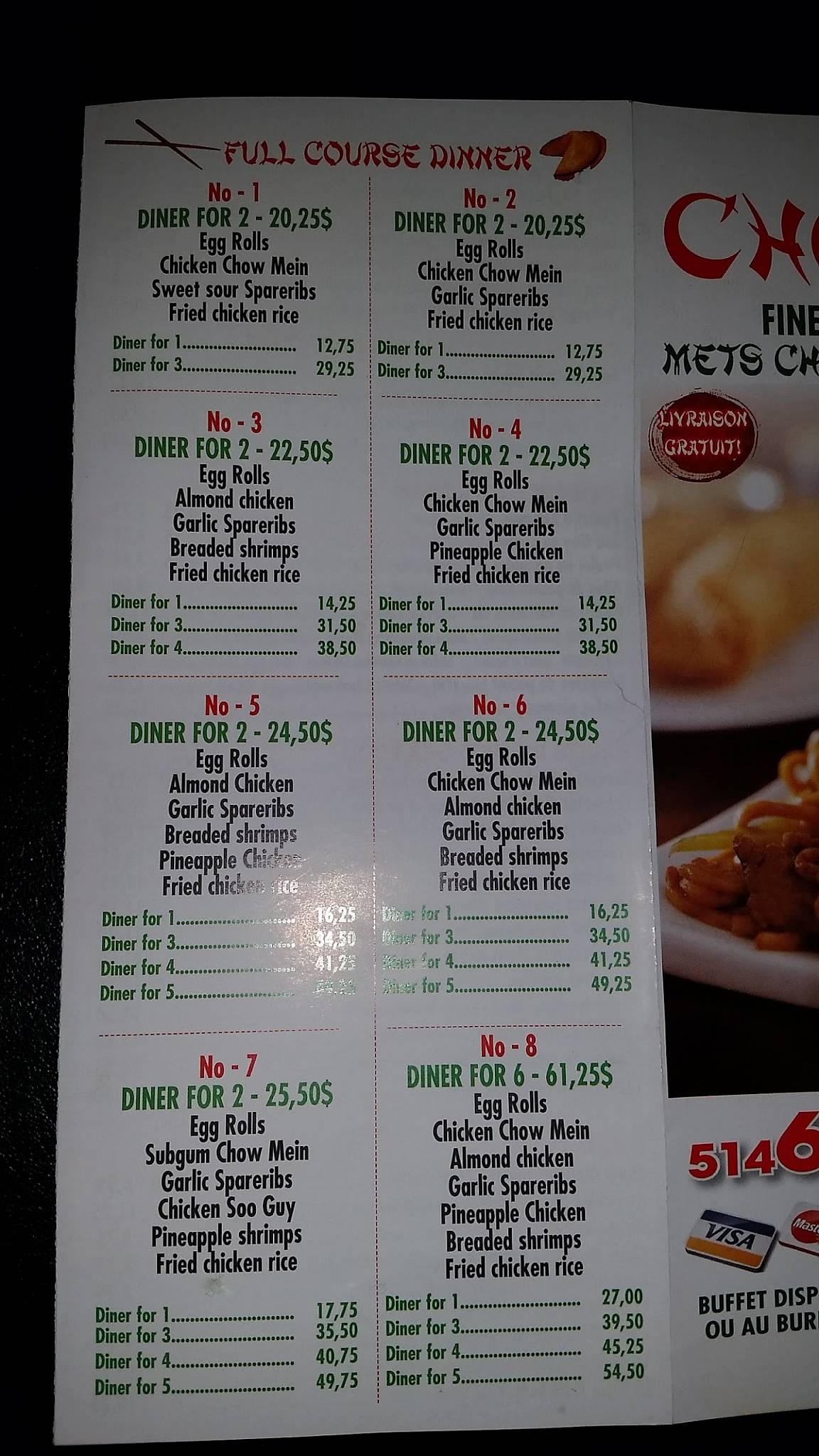 Menu at Chow's Restaurant, Dorval