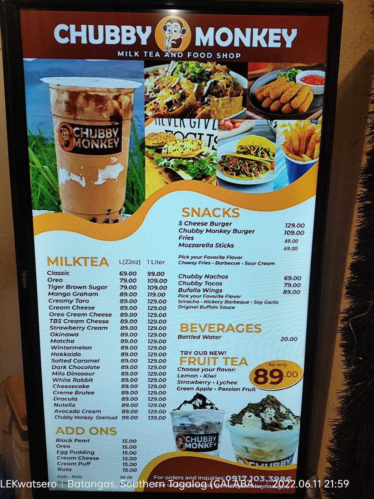Menu at Chubby Monkey Nasugbu restaurant, Nasugbu