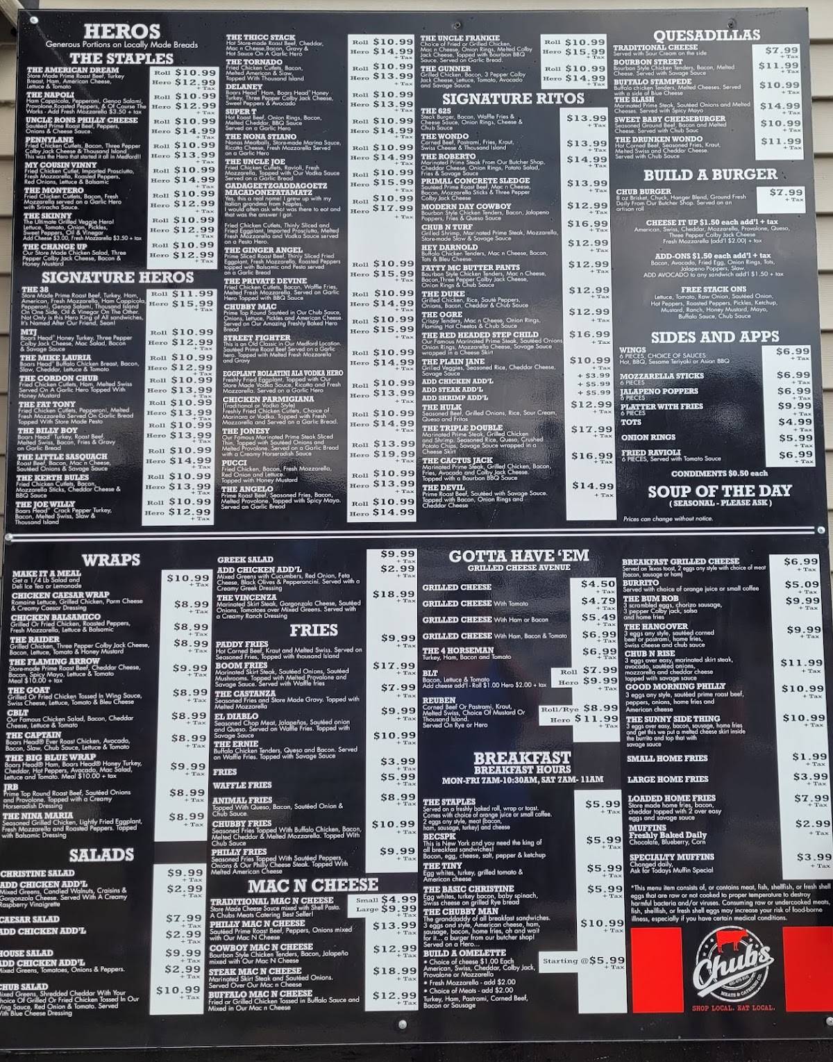 Menu at Chubs Burgers Burritos and Heroes restaurant, Farmingville