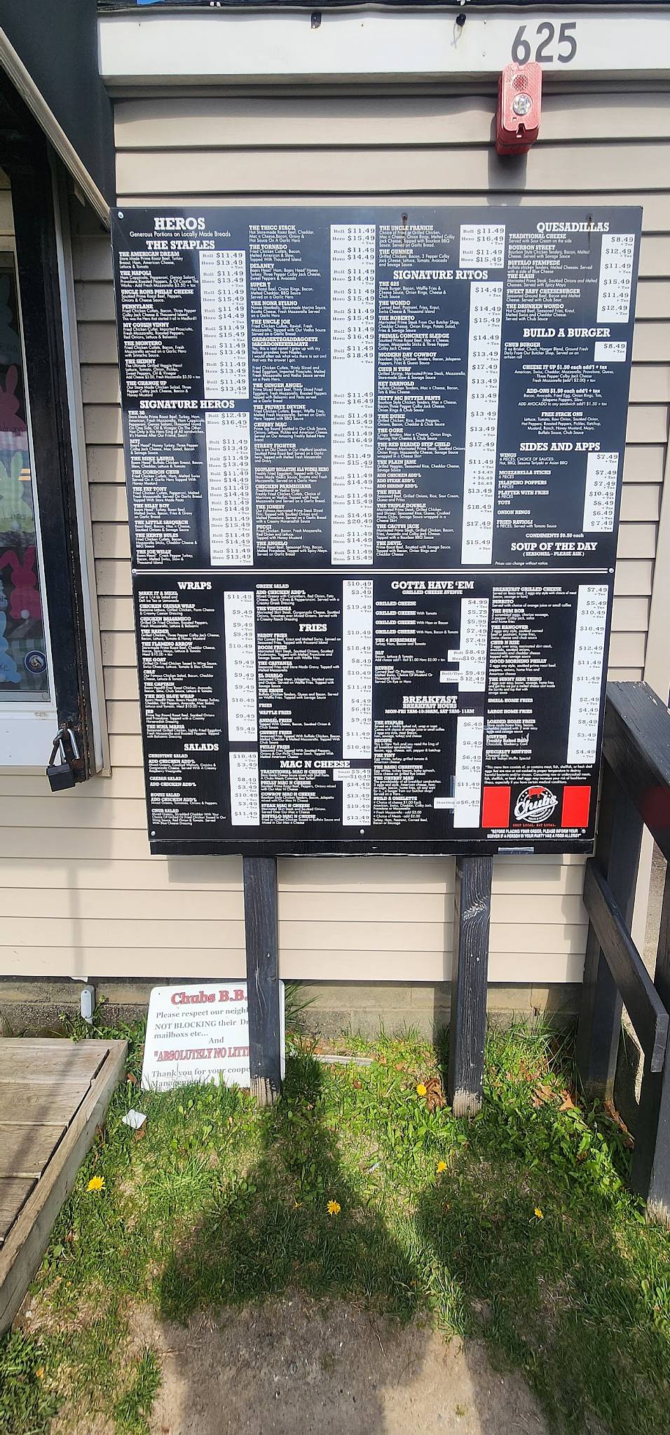 Menu at Chubs Burgers Burritos and Heroes restaurant, Farmingville