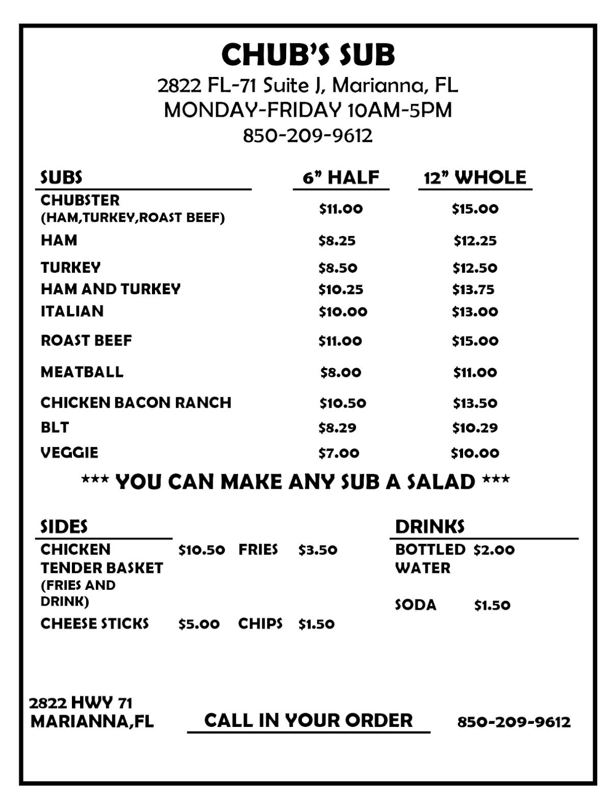 Menu at Chub’s Subs restaurant, Marianna