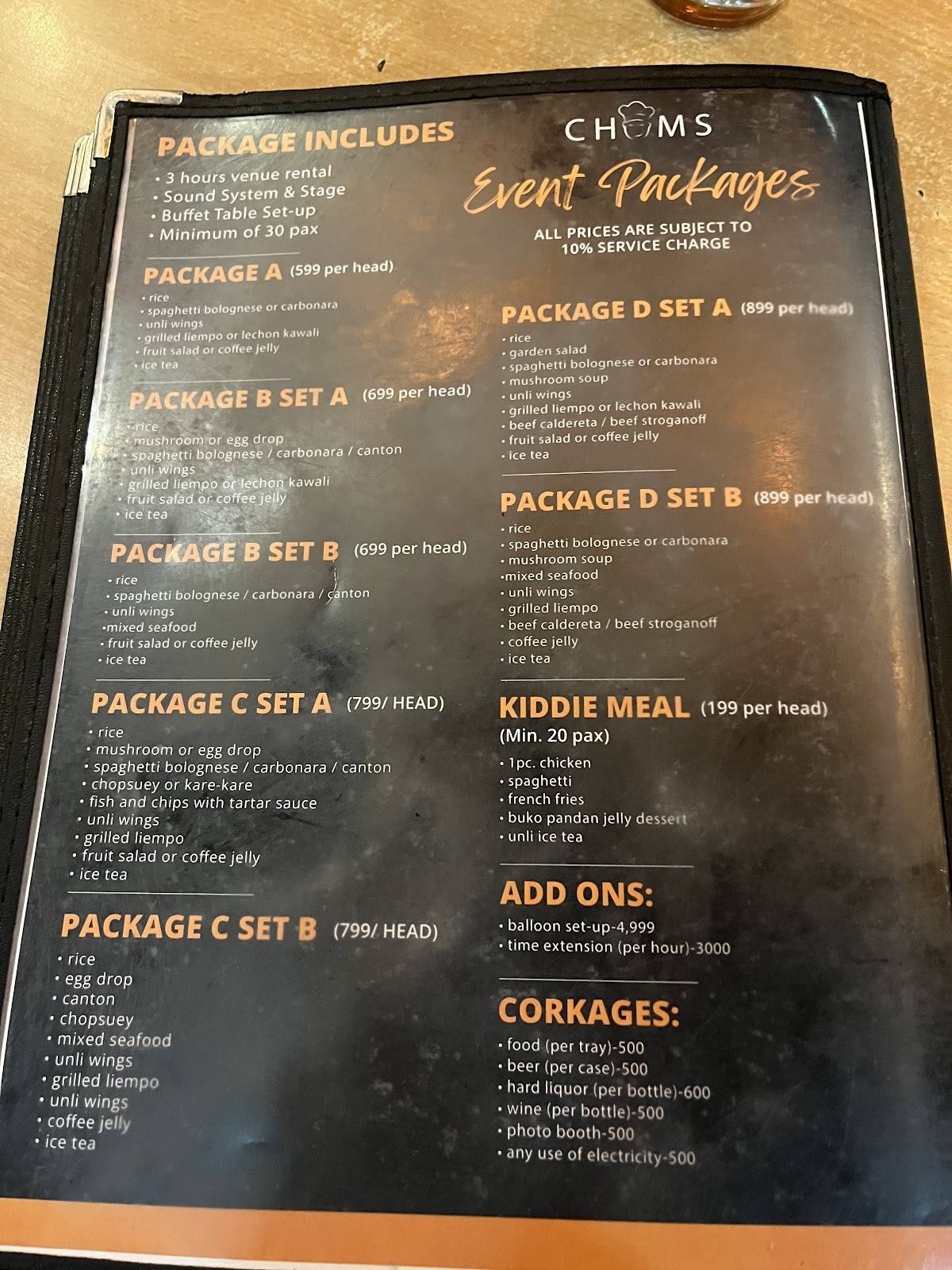 Menu at Chums Restaurant, General Trias