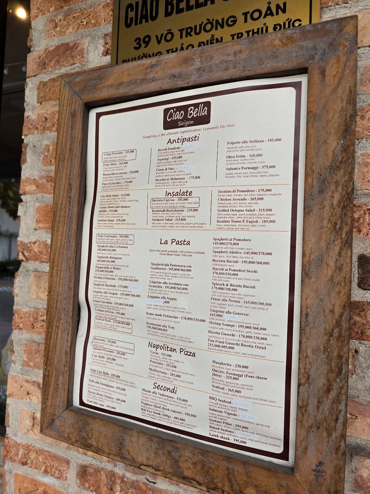 Menu at Ciao Bella restaurant, Ho Chi Minh City, 39 Võ Trường Toản