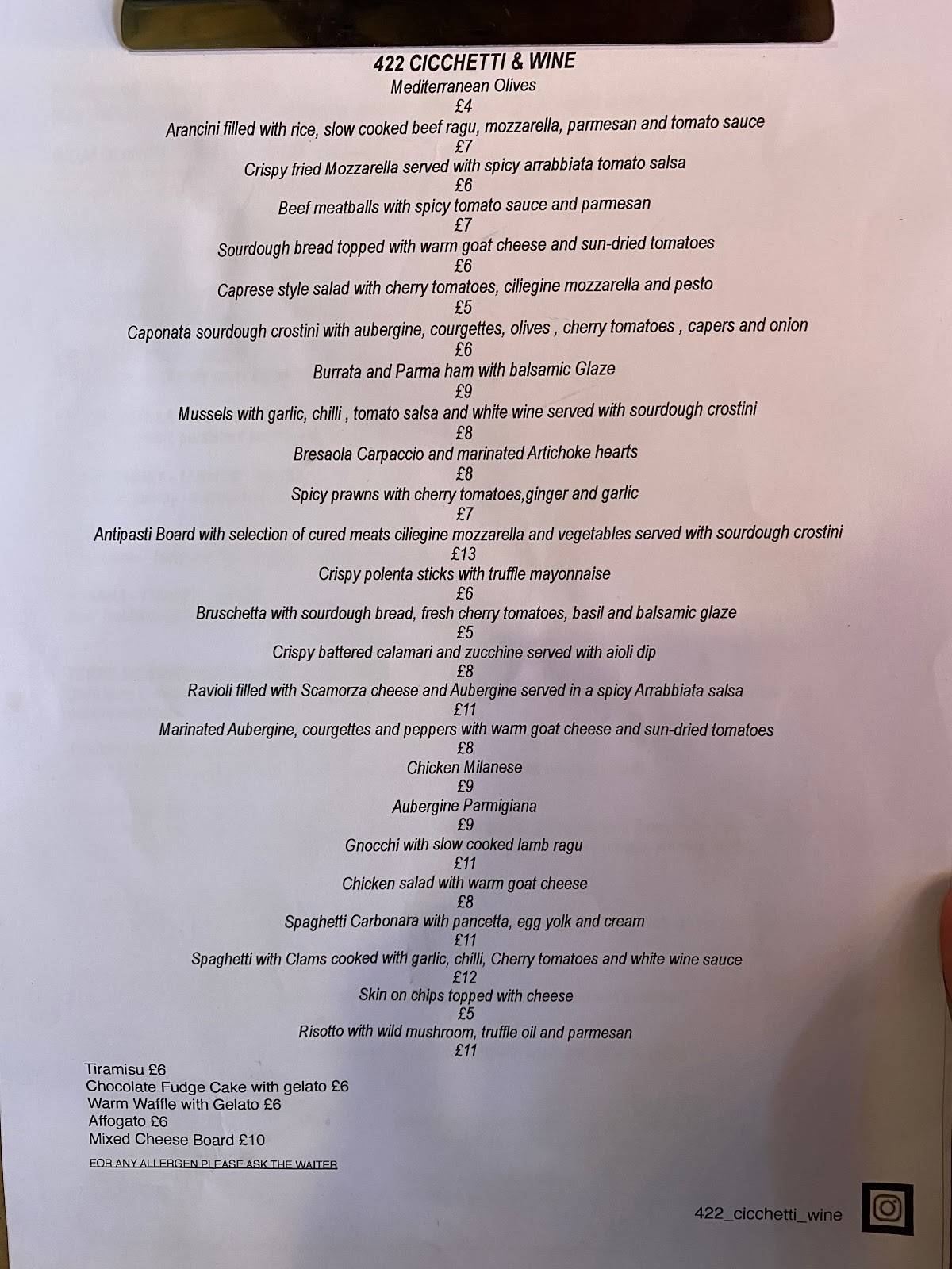 Menu at Cicchetti & Wine restaurant, London
