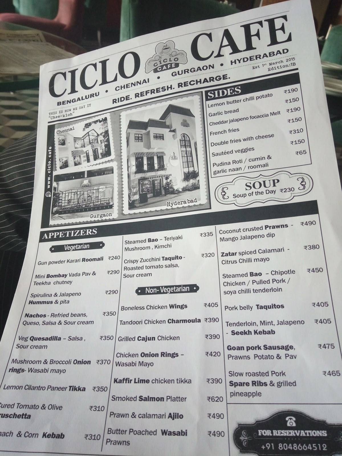 Menu at Ciclo Cafe & Bicycle Shop, Bengaluru