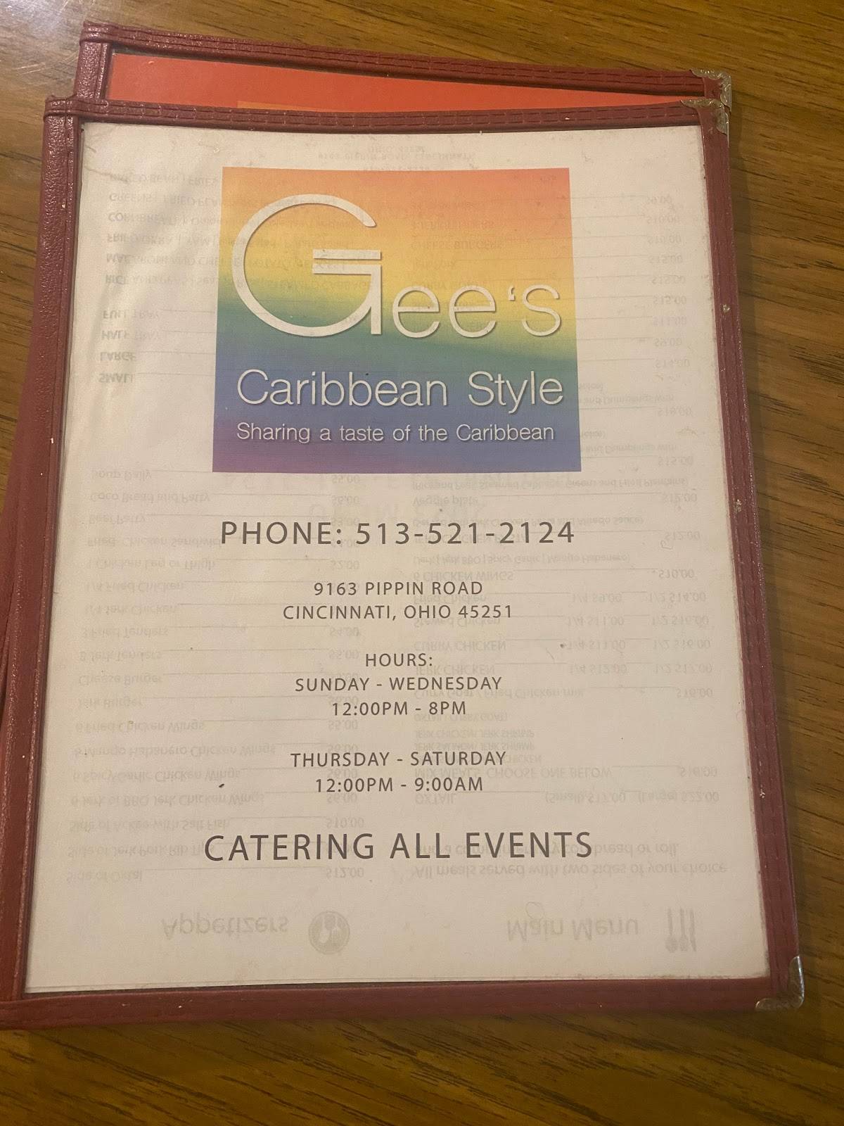 Menu at Gee's Caribbean Style restaurant, Cincinnati