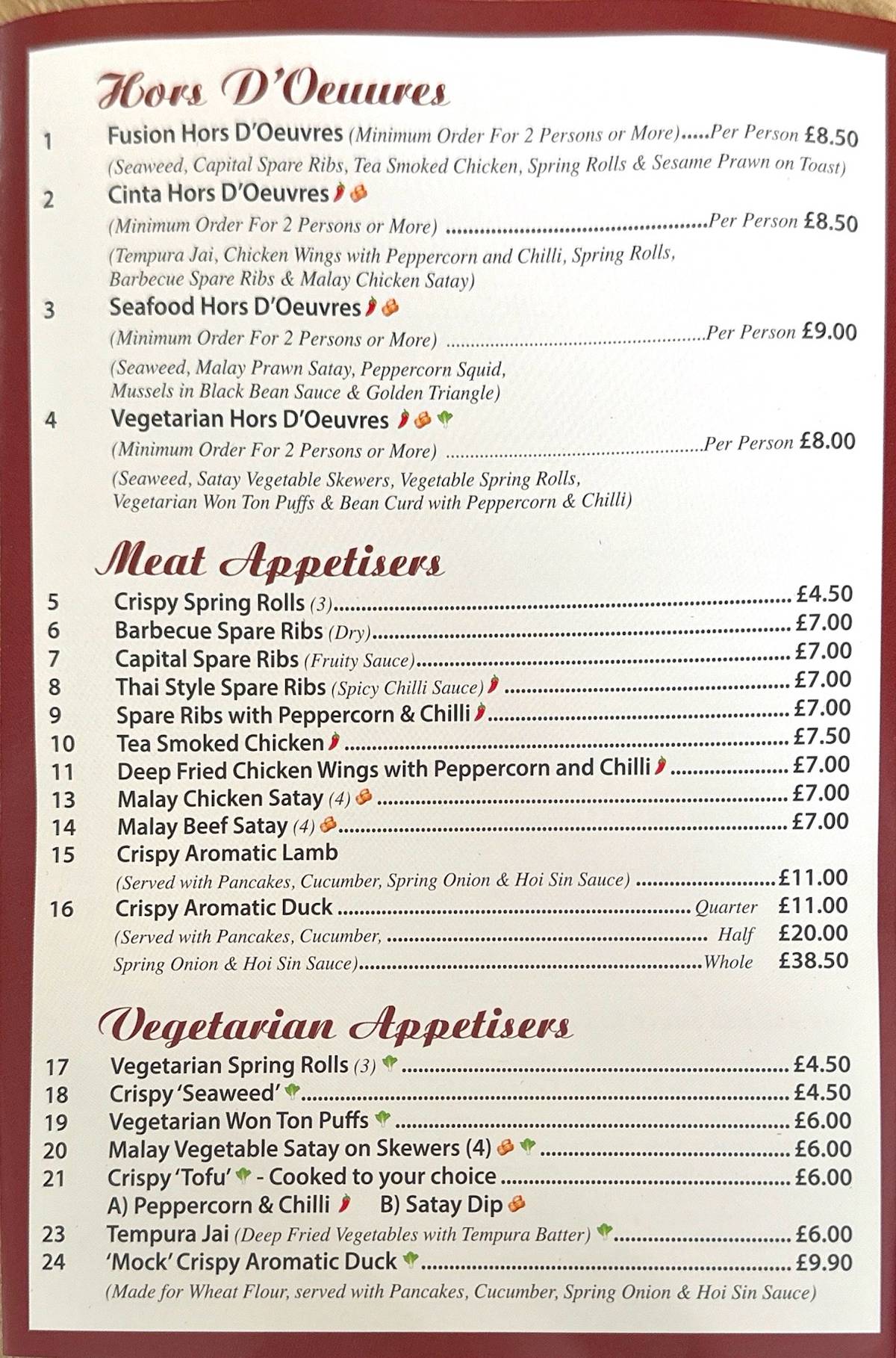 Menu at Cinta restaurant, Godmanchester
