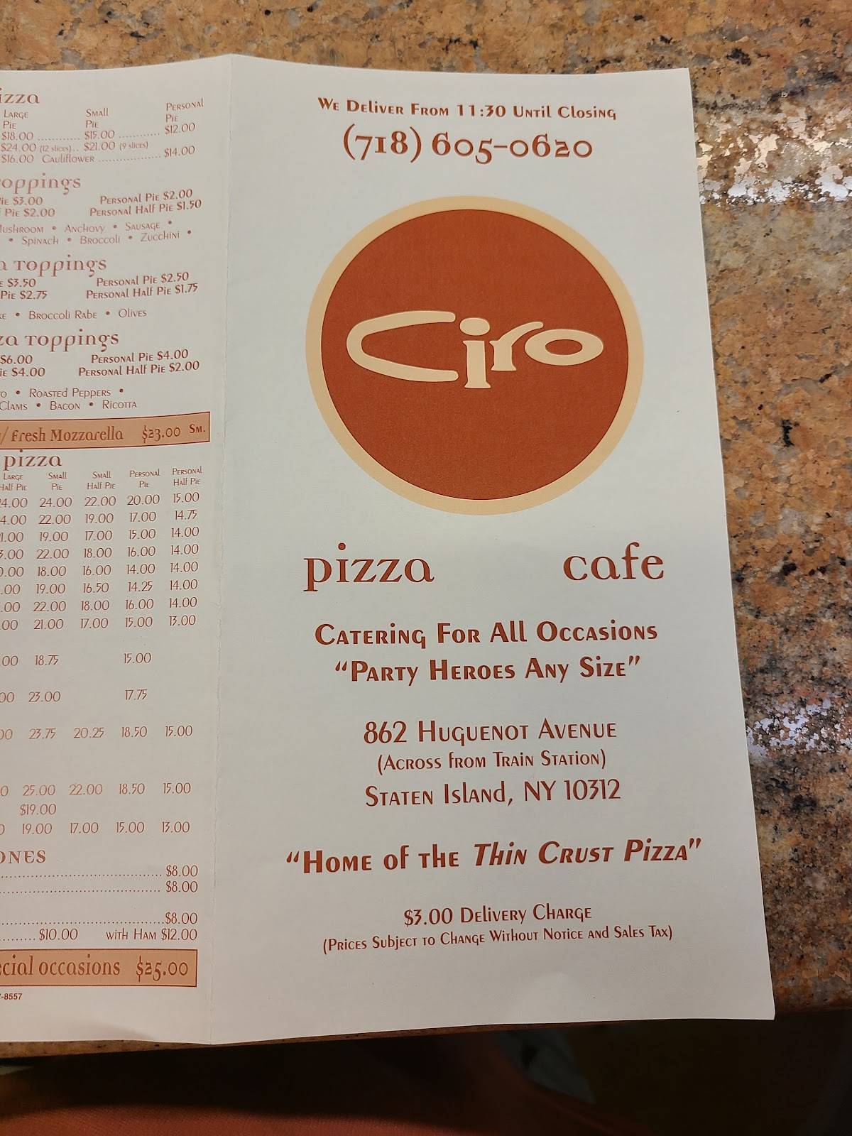 Menu at Ciro Pizza Cafe, New York City, 862 Huguenot Ave