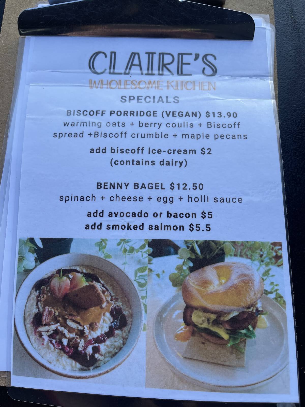 Menu at Claire's Wholesome Kitchen cafe, Springfield Central