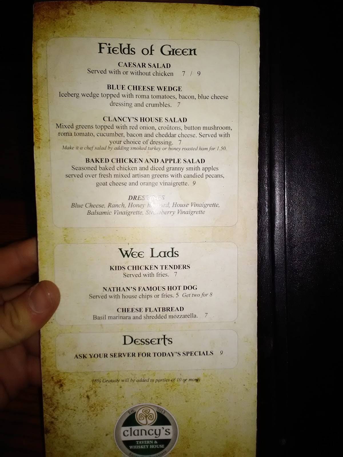 Menu at Clancy's Tavern & Whiskey House pub & bar, Knoxville