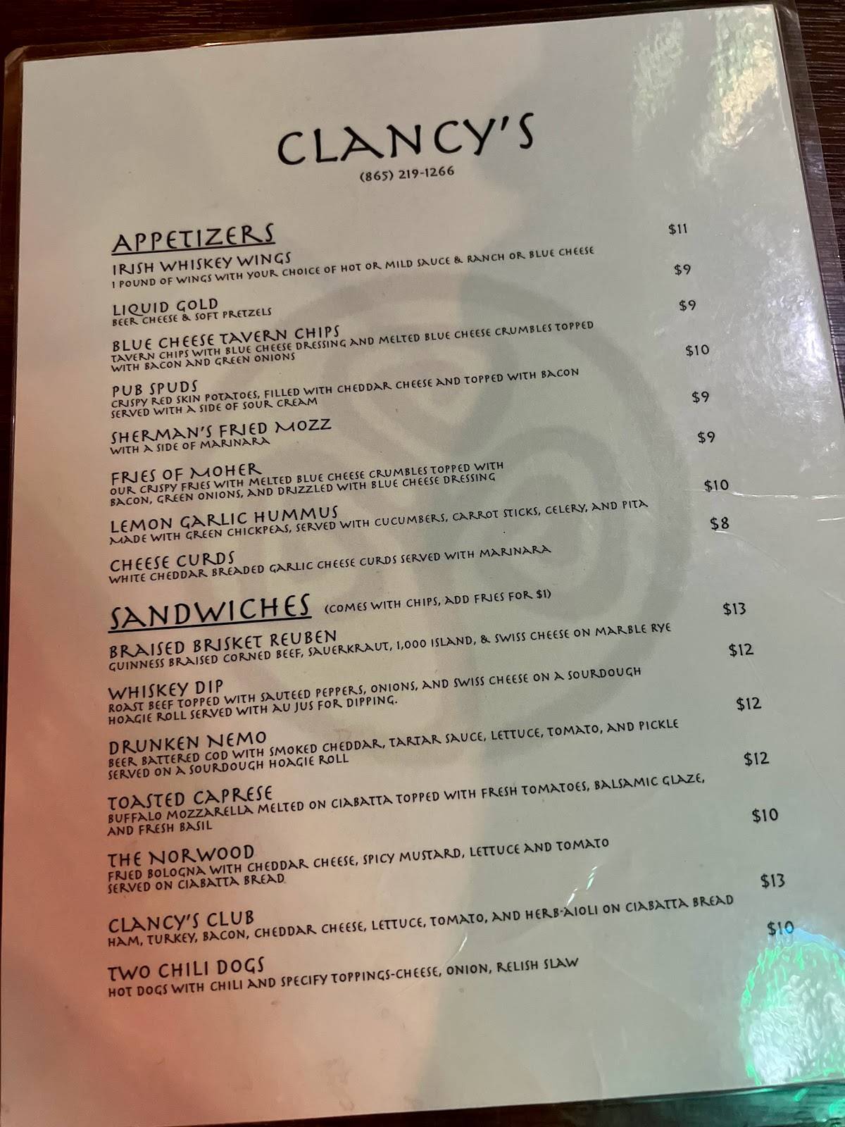 Menu at Clancy's Tavern & Whiskey House pub & bar, Knoxville