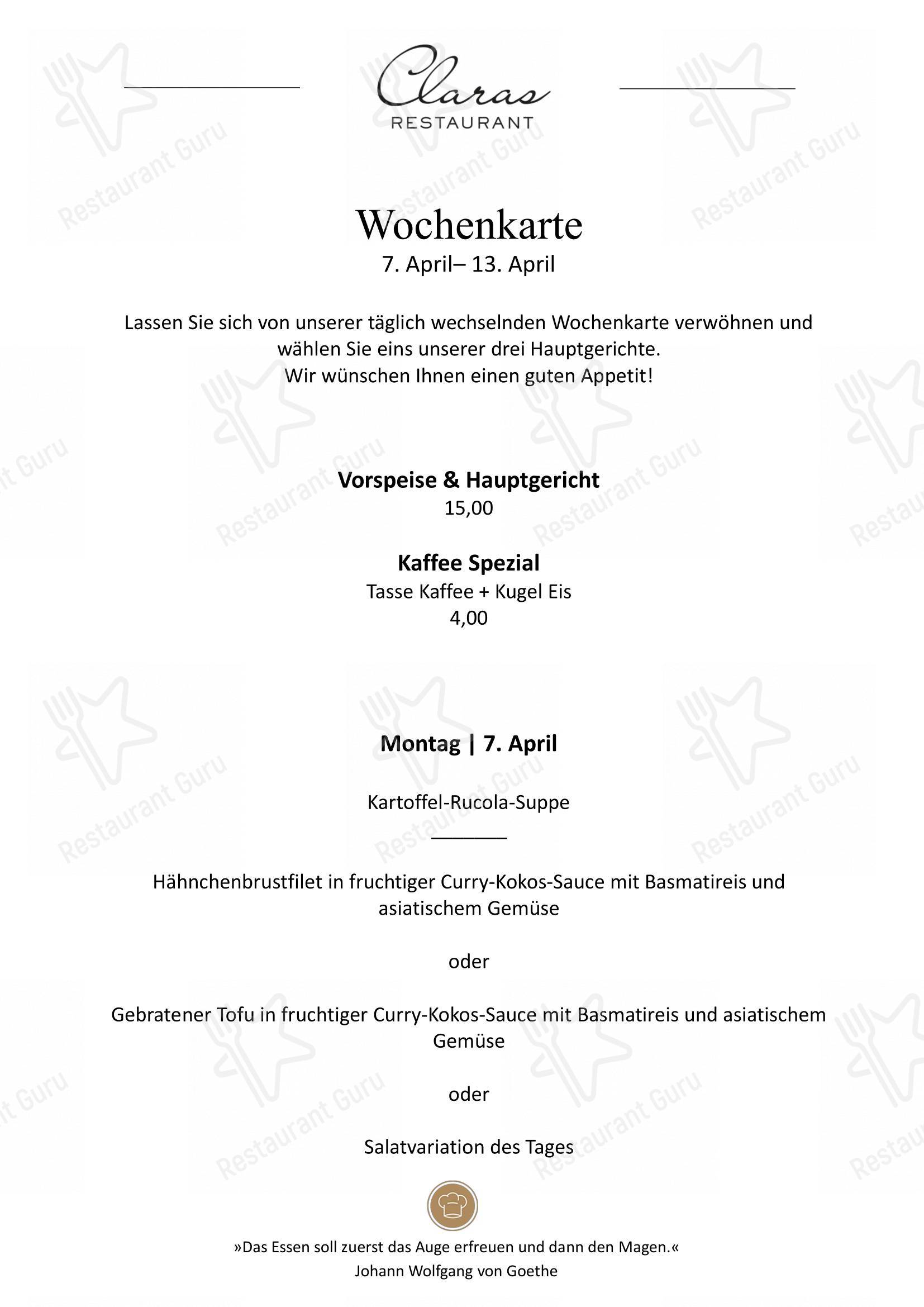 Speisekarte von Claras Restaurant, Wolfsburg