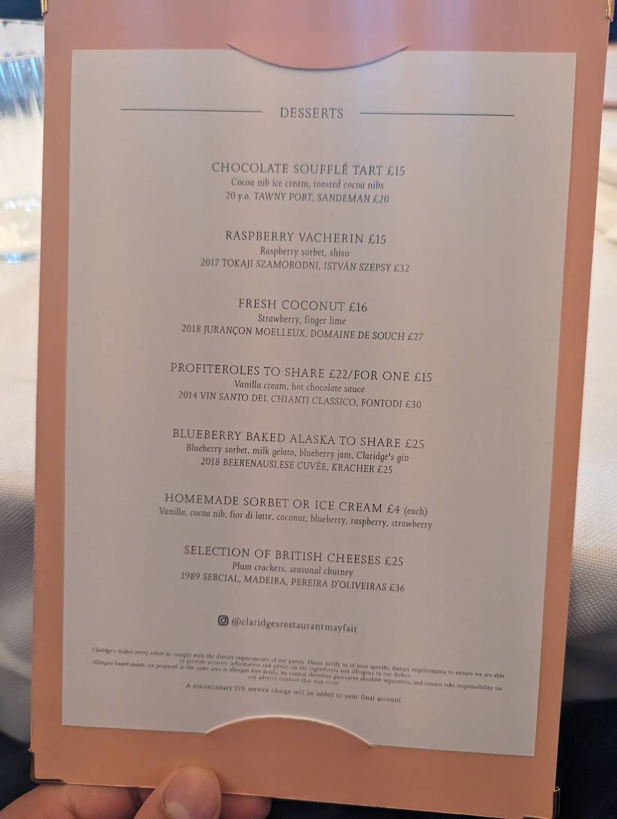 Menu at Claridge's Restaurant, London