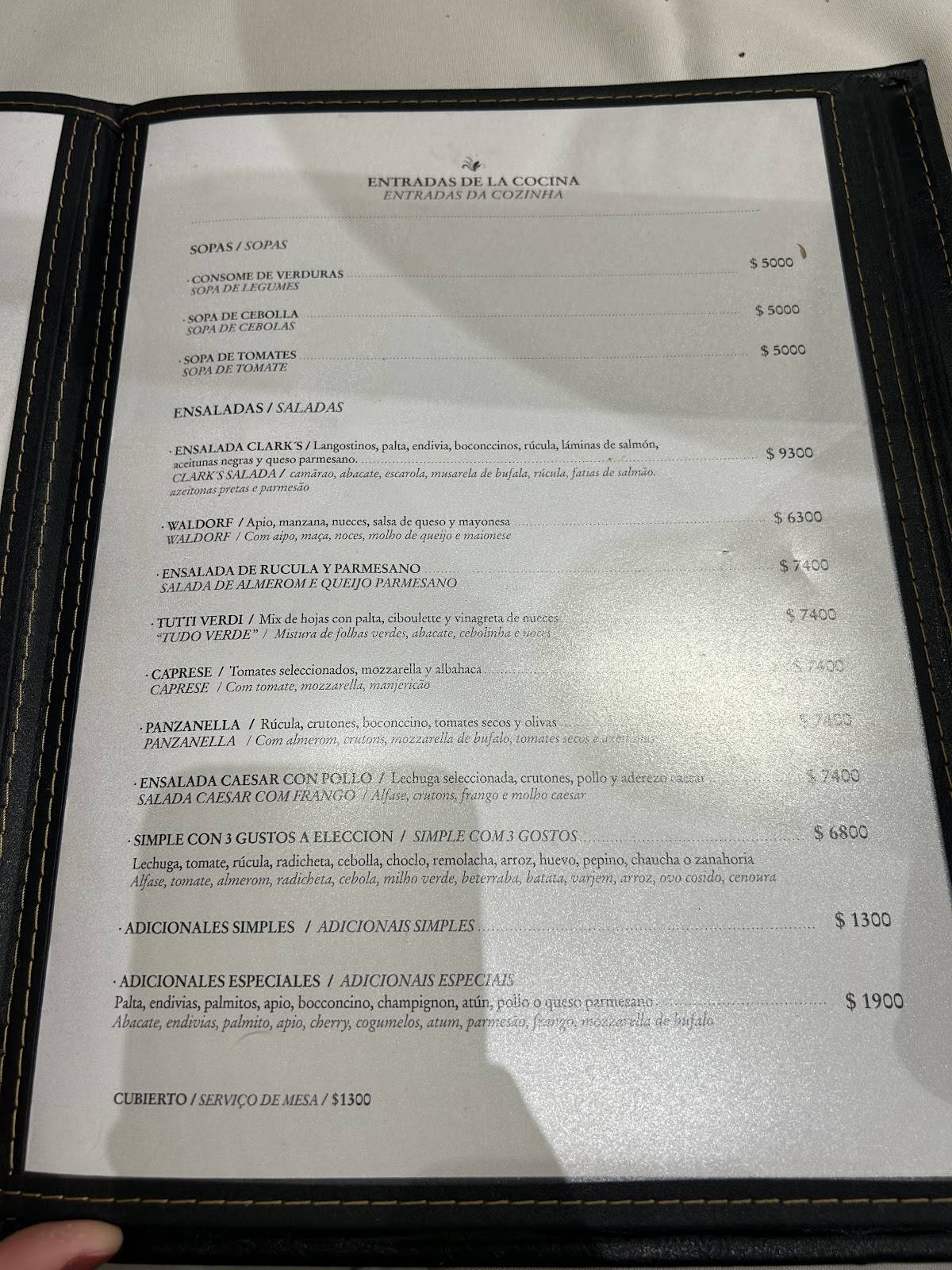 Menu at Clark´s steakhouse, Buenos Aires