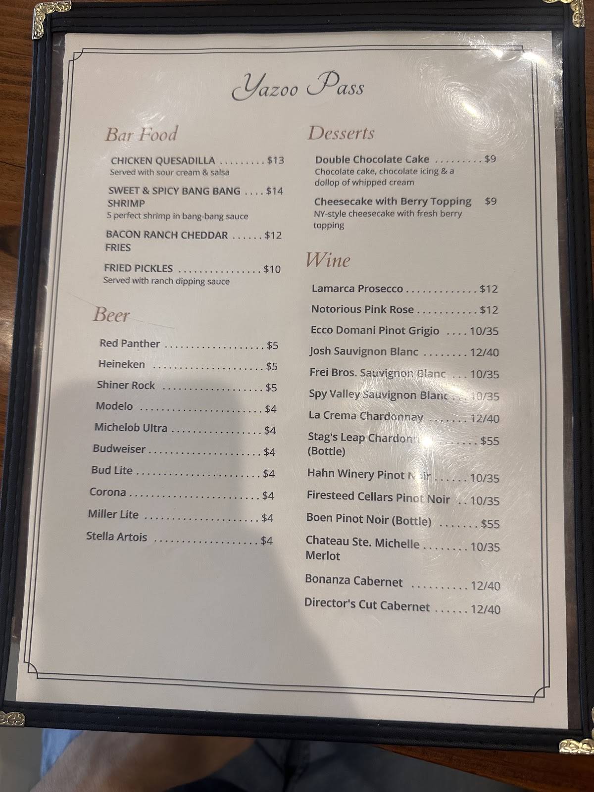 Menu at Yazoo Pass cafe, Clarksdale