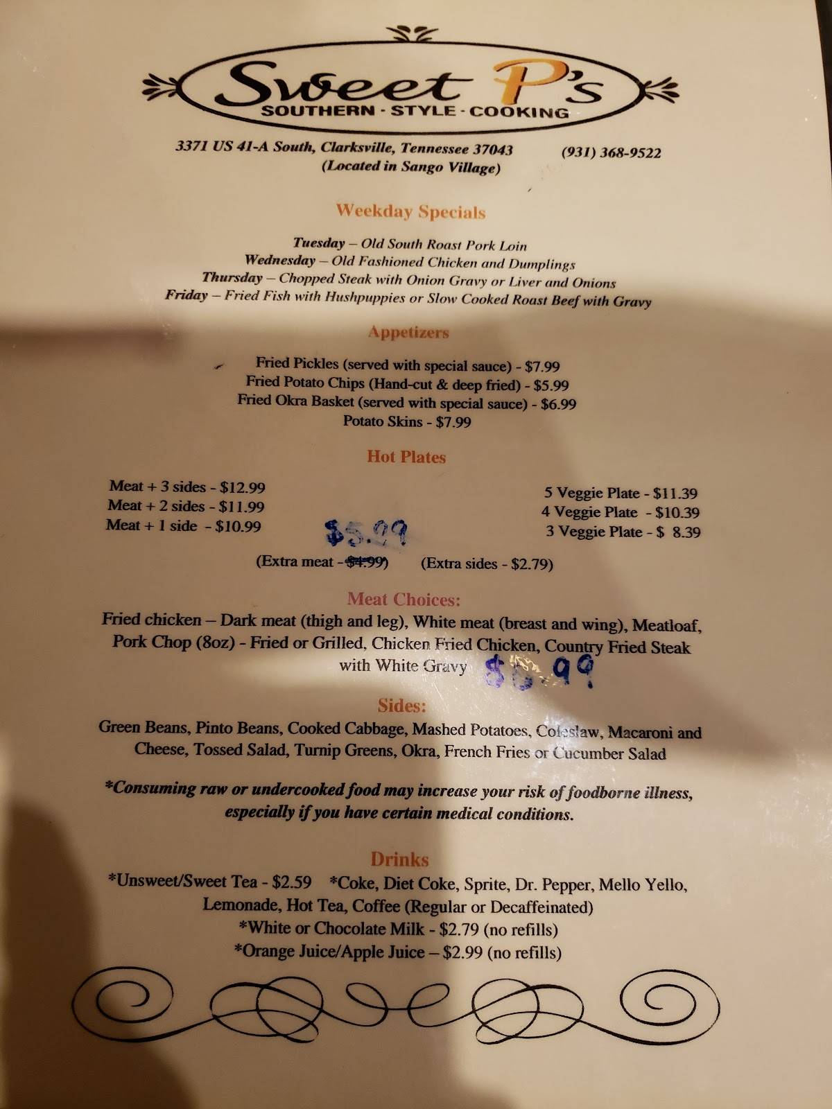 Menu at Sweet P's Southern Style restaurant, Clarksville