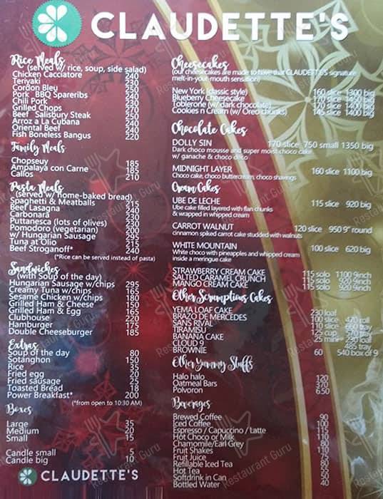 Menu at Claudette's restaurant, Makati, Salcedo Village