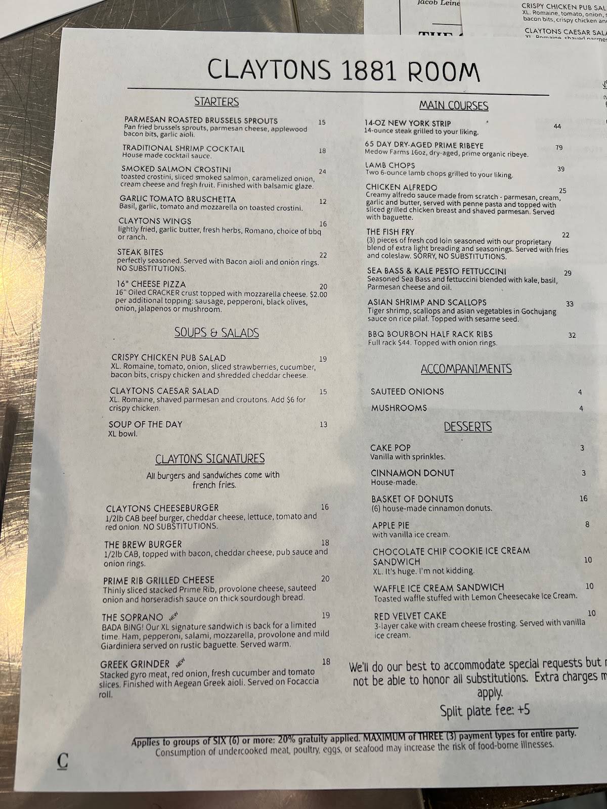 Menu at Claytons 1881 Room restaurant, Three Lakes