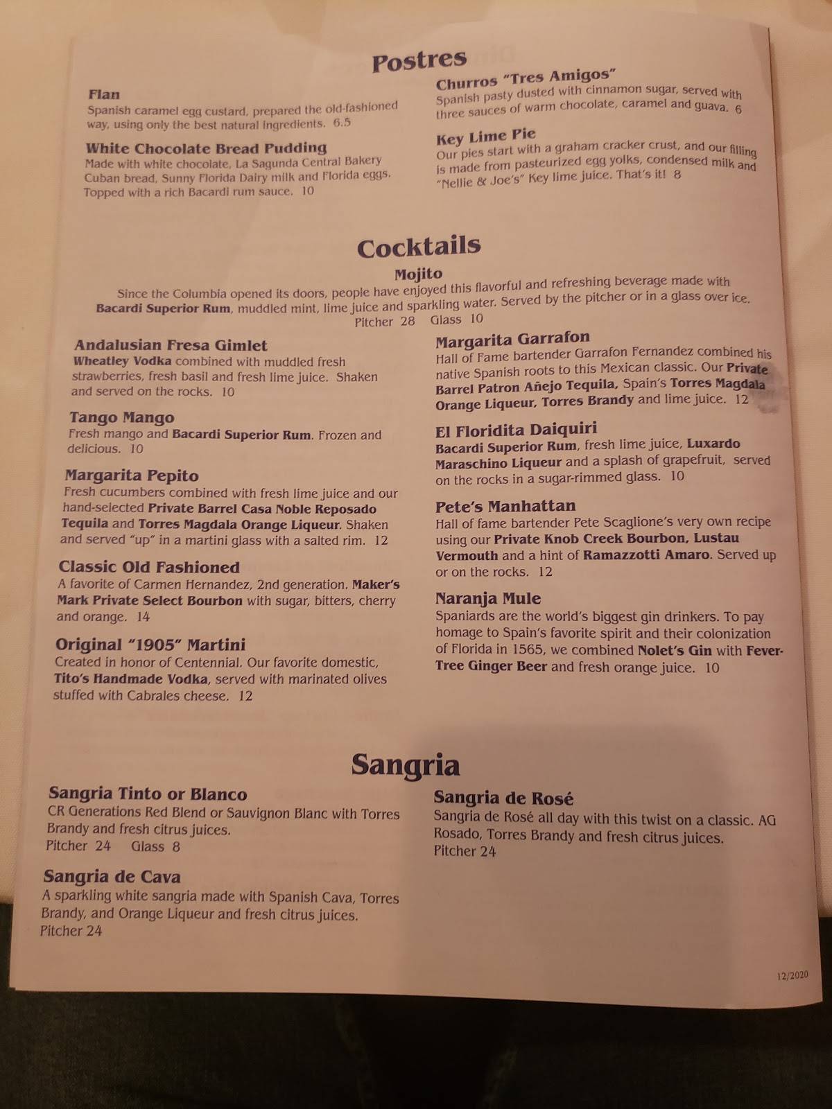 Menu at Columbia Restaurant Sand Key, Clearwater