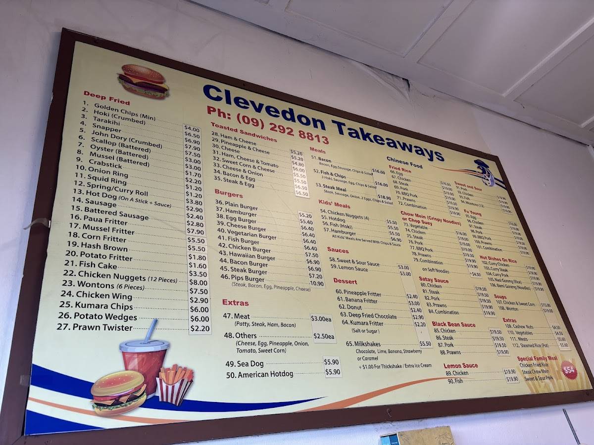Menu at Clevedon Takeaway restaurant, Auckland, 7 Papakura-Clevedon Rd