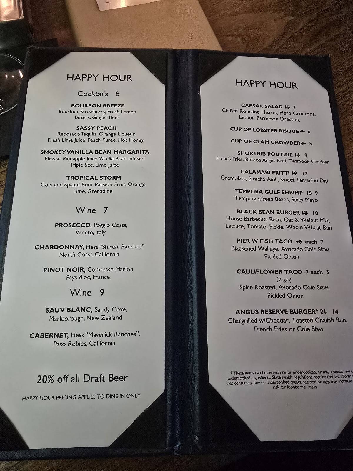 Menu at Pier W restaurant, Lakewood