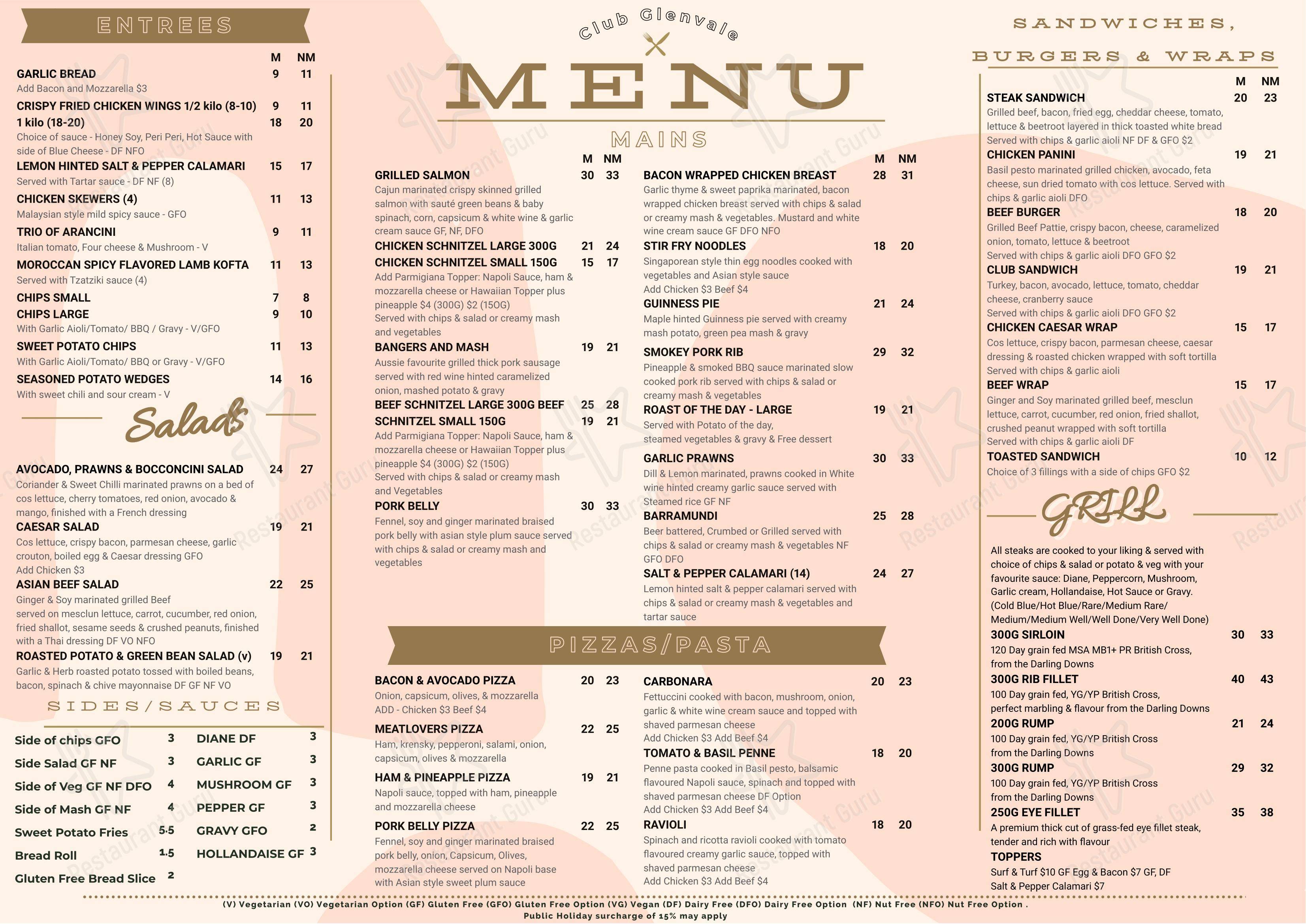 Menu at Club Glenvale, Glenvale