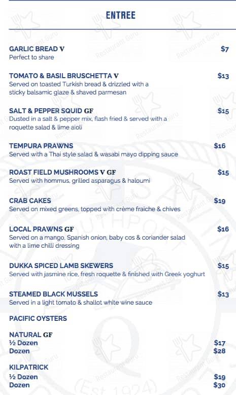 Menu at Southport Surf Life Saving Club, Main Beach