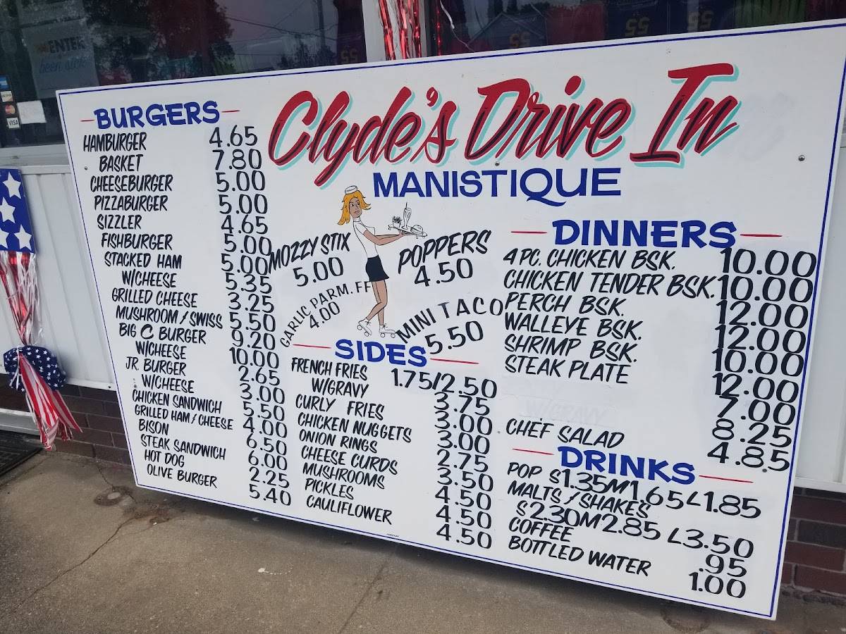 Menu at Clyde's Drive-In restaurant, Manistique