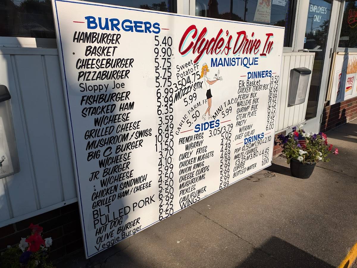 Menu at Clyde's Drive-In restaurant, Manistique