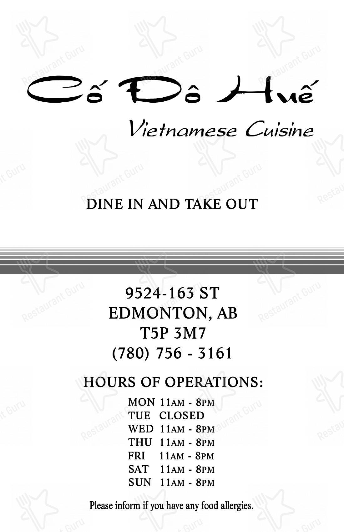 Menu au Co Do Hue restaurant, Edmonton, 140 Ave NW