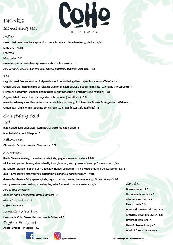 Menu at CoHo Berowra cafe, Berowra Heights