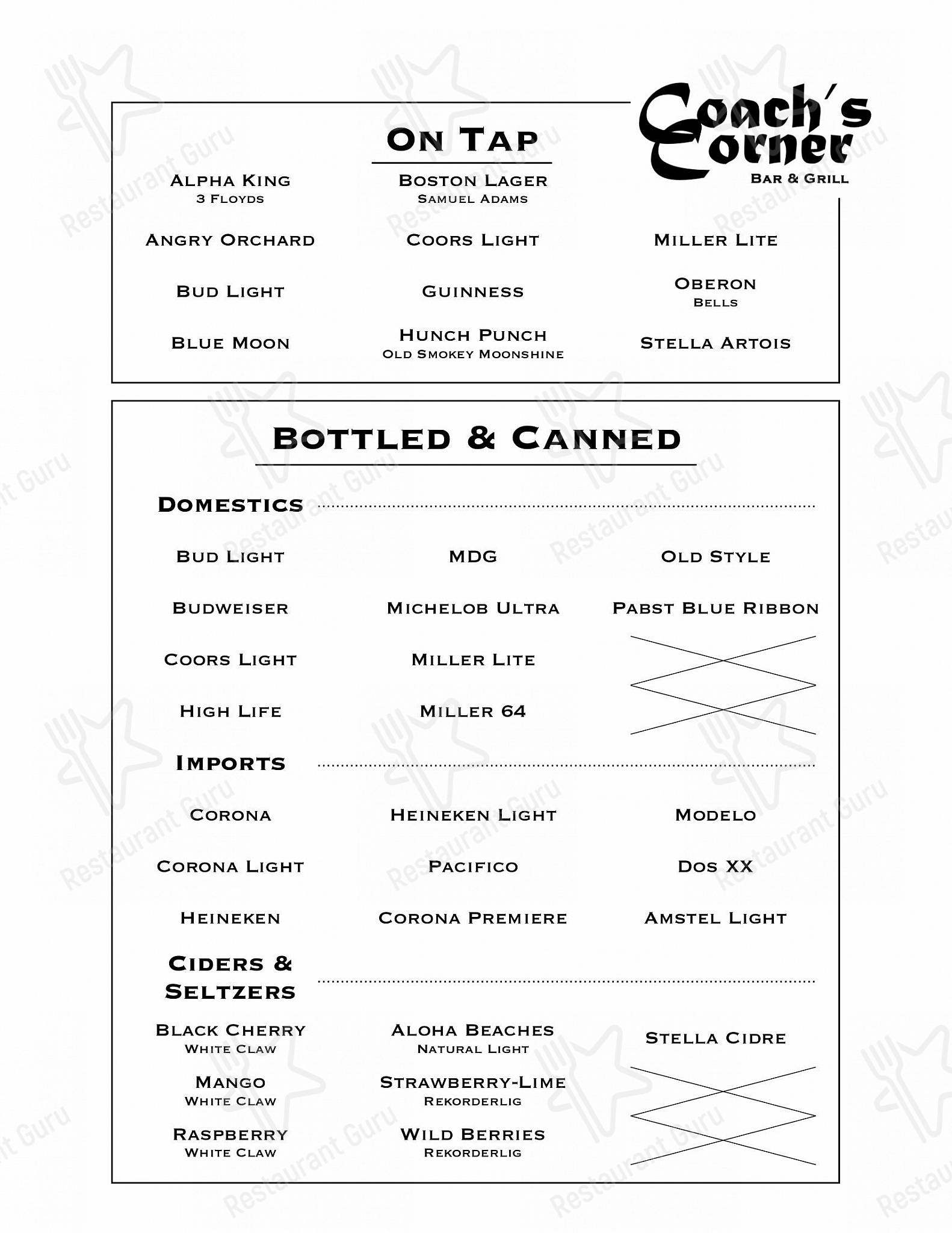 Menu at Coach's Corner Sports Bar & Grill, Orland Park, W 143rd St