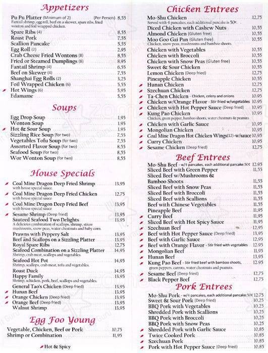 Menu at Coal Mine Dragon restaurant, Evergreen