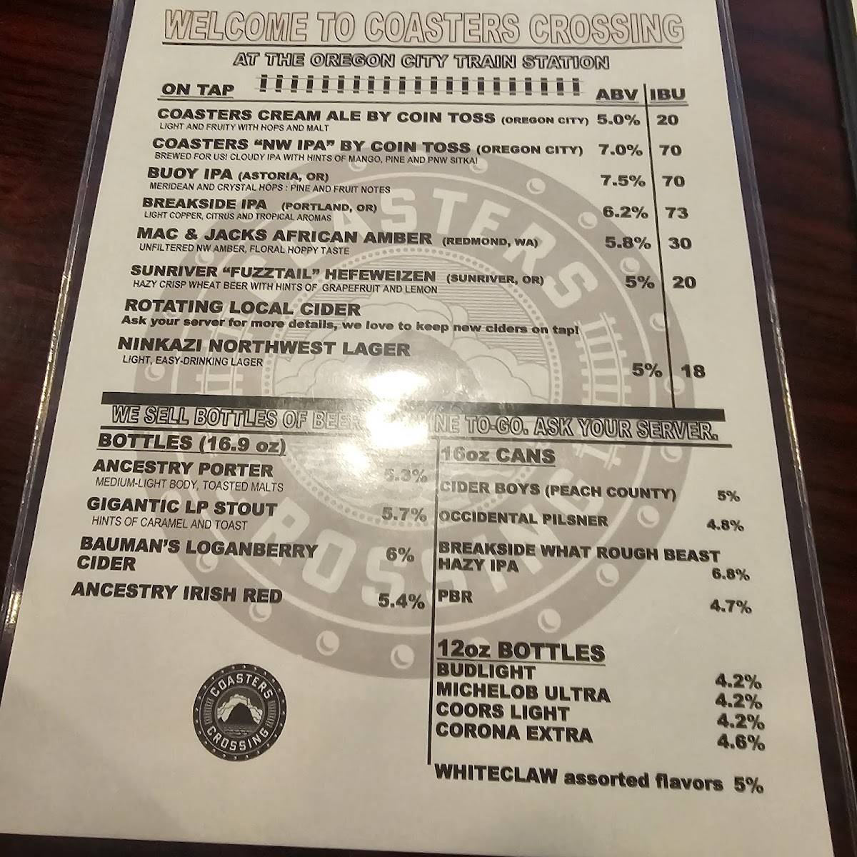 Menu at Coasters Crossing pub & bar, Oregon City